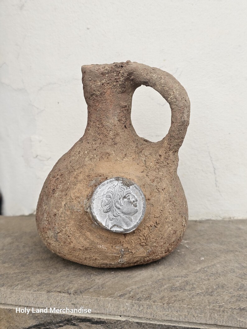 Ancient Style Clay Jug With Hellenistic Coin Replica - 12cm ...