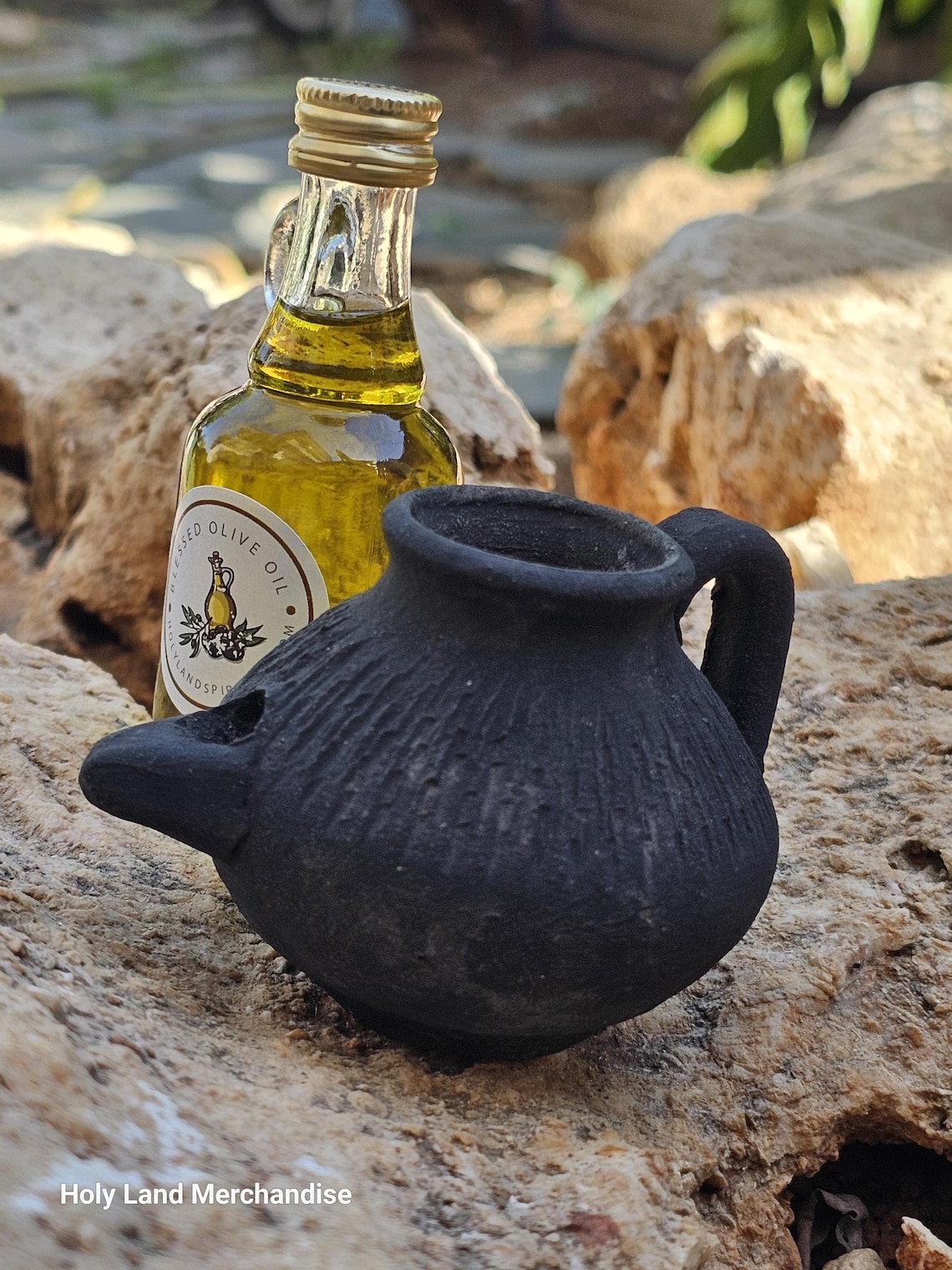 Biblical Clay Oil Lamp + Olive Oil Bottle – Handmade Holy Land Set ...