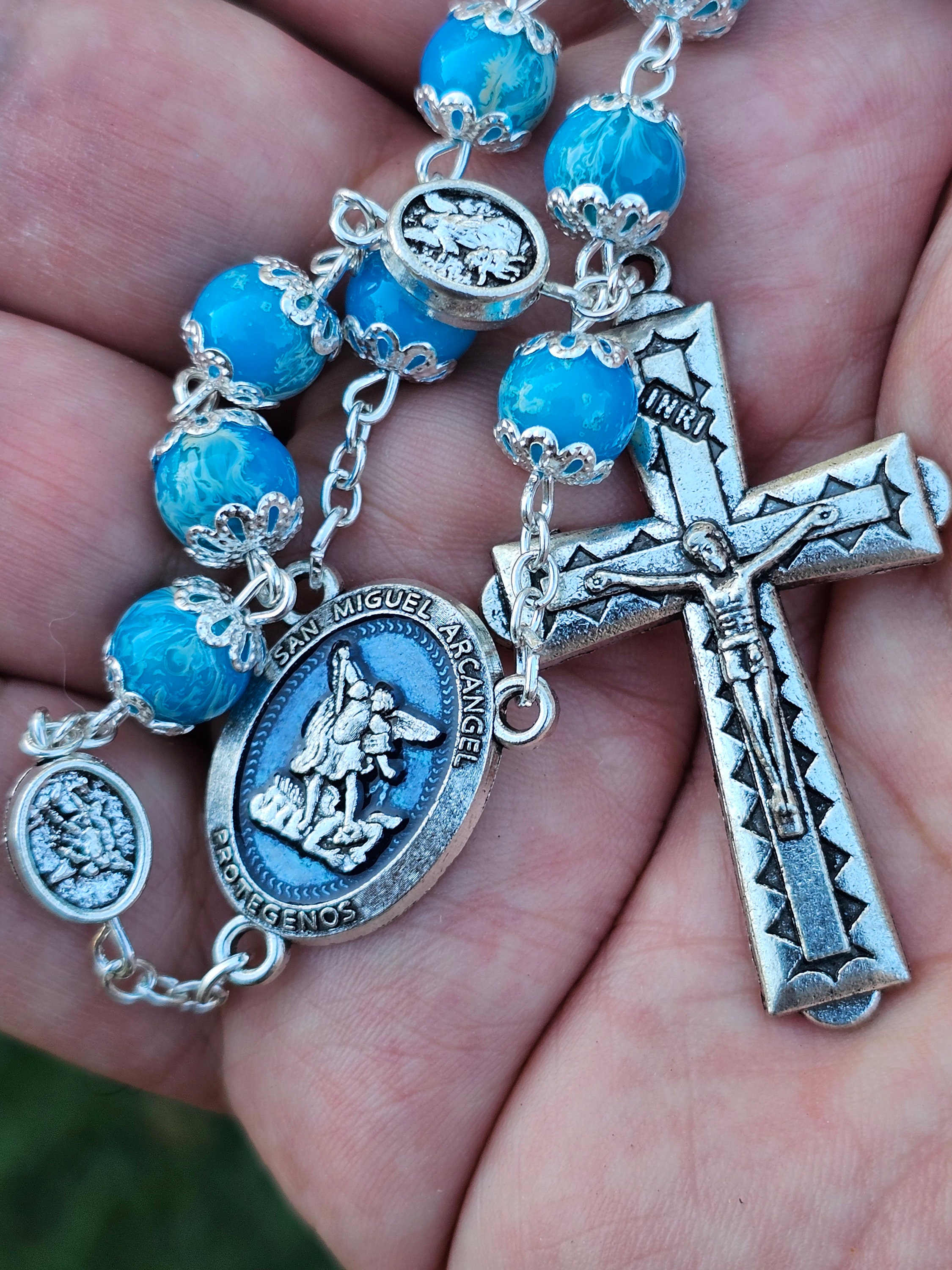 Saint Michael Rosary in Turquoise Glass 6 Mm Long Rosary - Etsy