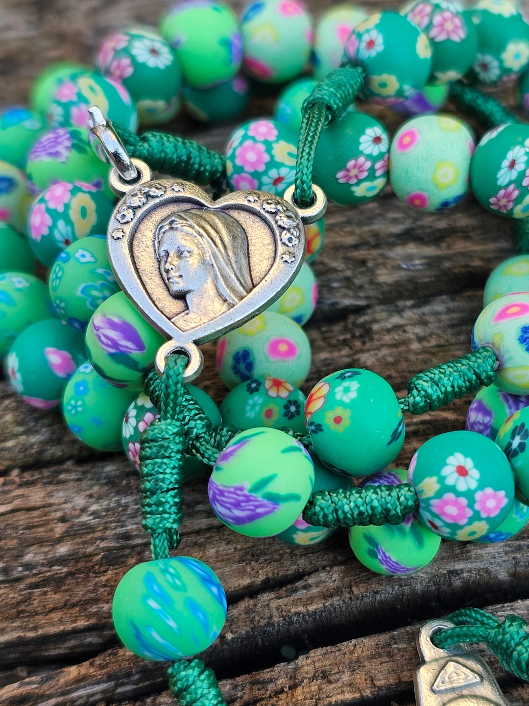 Rosary Fimo Beads With Flower Pattern Heart Shaped Pendant Can - Etsy