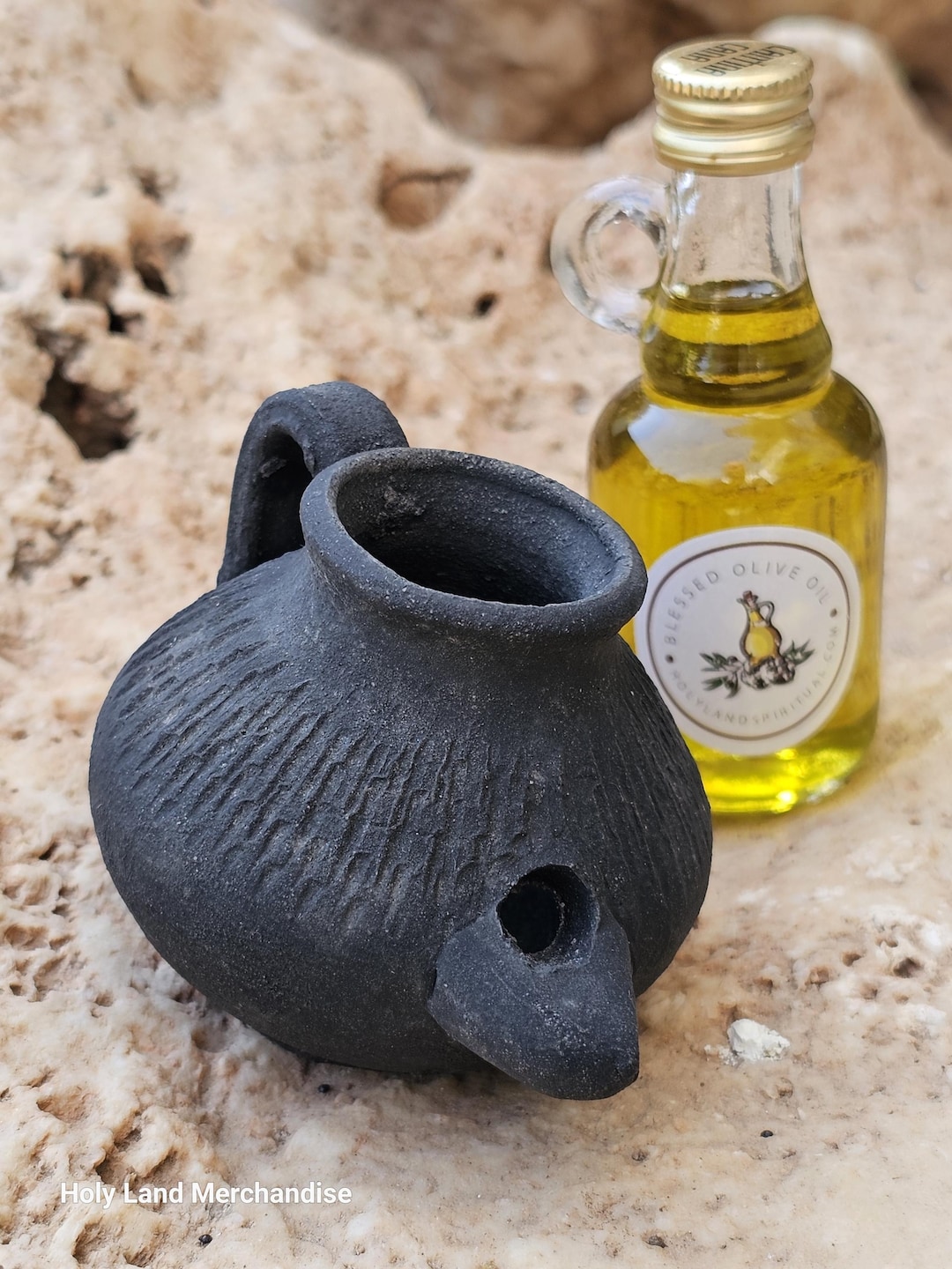 Biblical Clay Oil Lamp + Olive Oil Bottle – Handmade Holy Land Set ...