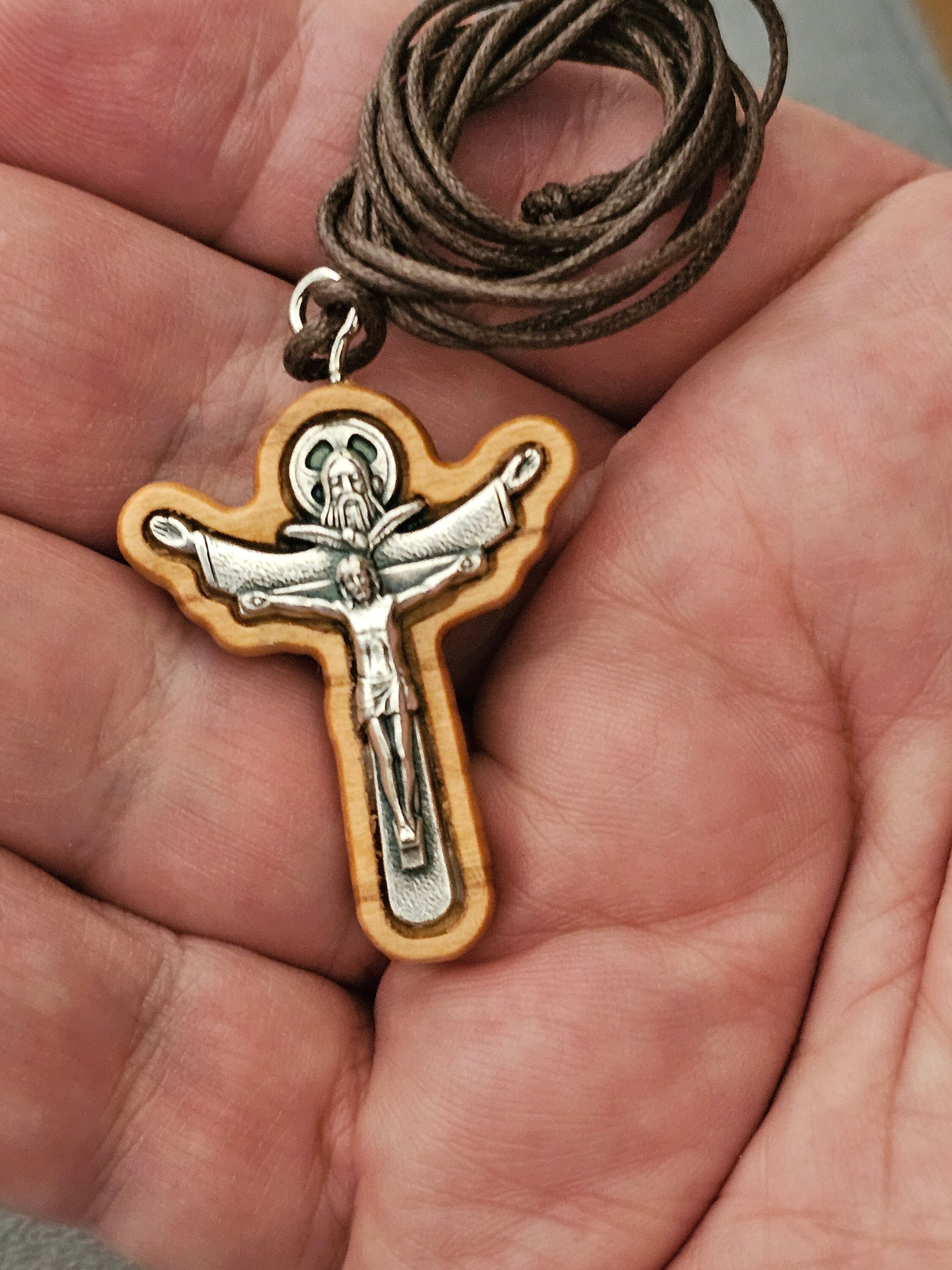 Holy Trinity Cross Father and the Holy Spirit Olive Wood Brown Necklace ...