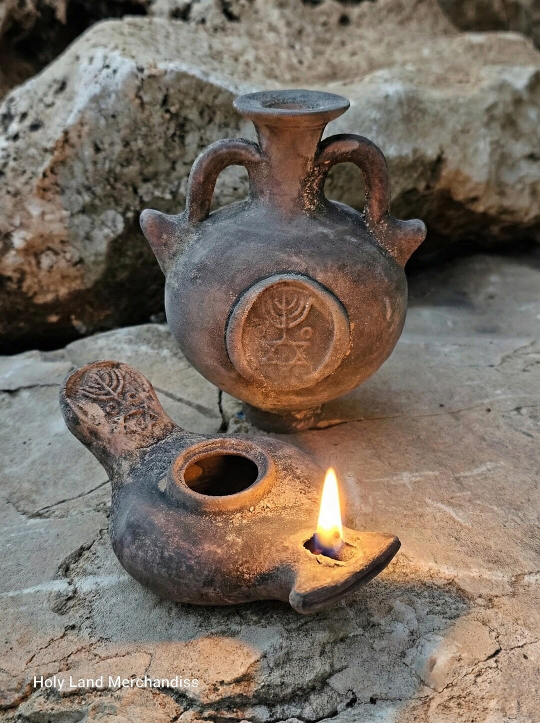 Biblical Clay Oil Lamp + Small Clay Jar and Olive Oil Bottle – Handmade ...