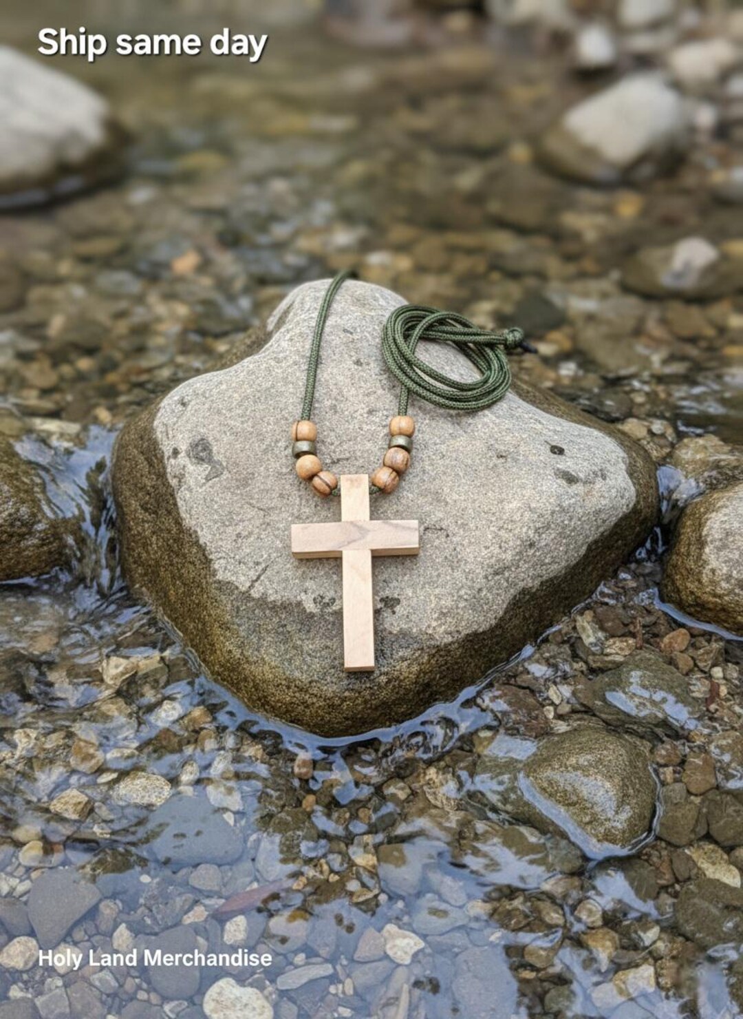 Olive Wood Cross Pendant: Handmade Holy Land Necklace, Brass Beads - Etsy