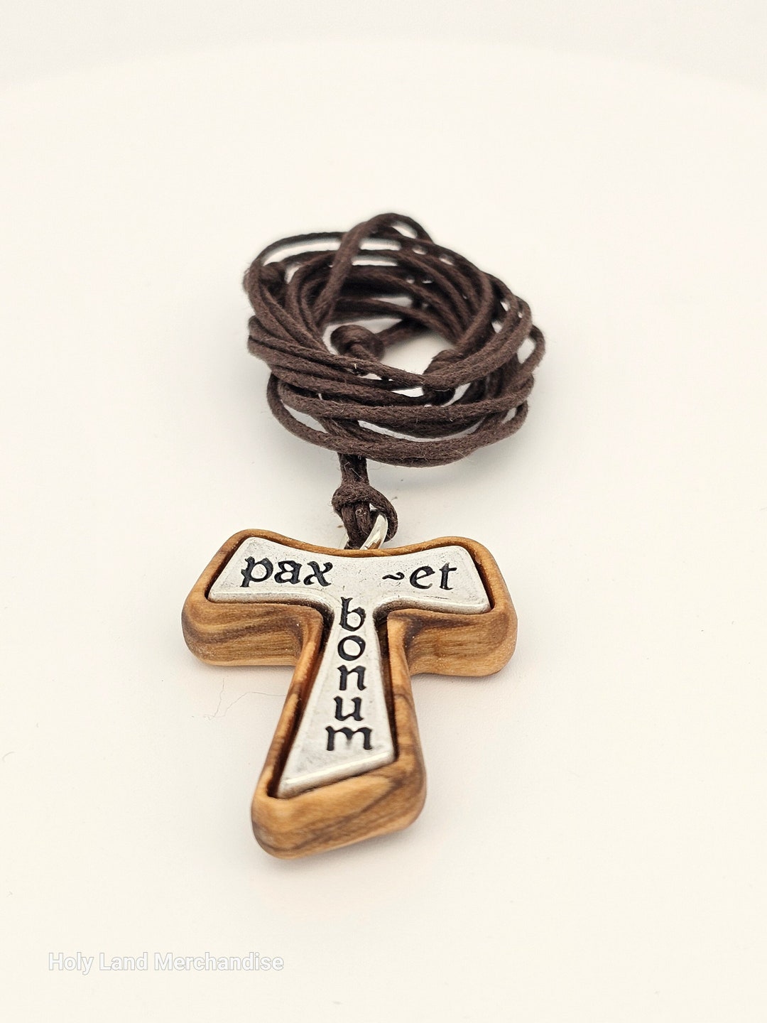 Pax and Bonum Metal Engraved Tau Olive Wood Brown Necklace - Etsy