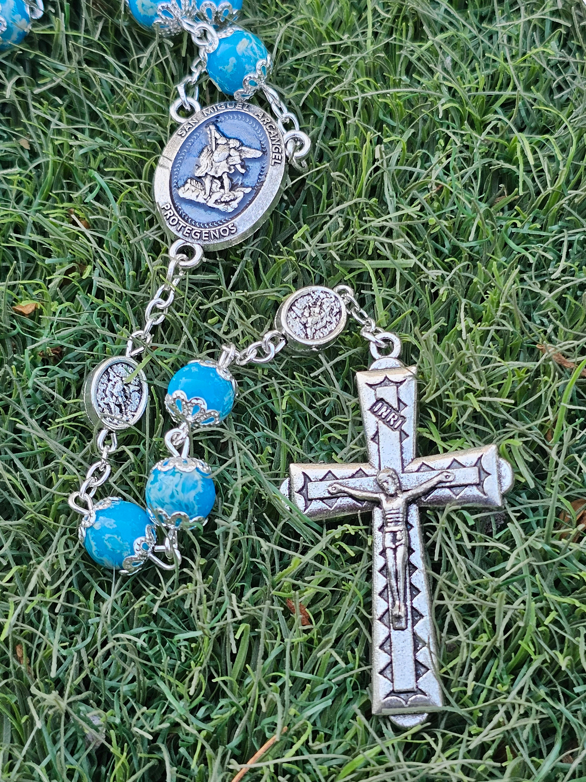 Saint Michael Rosary in Turquoise Glass 6 Mm Long Rosary - Etsy