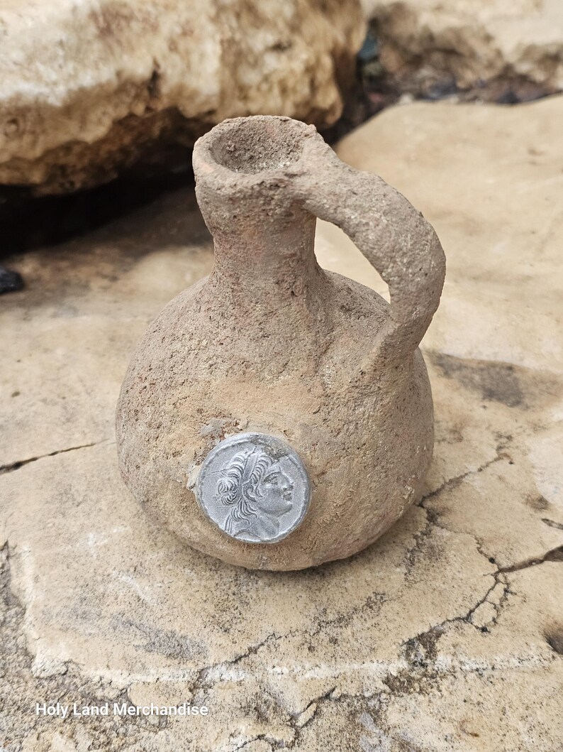 Ancient Style Clay Jug With Hellenistic Coin Replica - 12cm ...