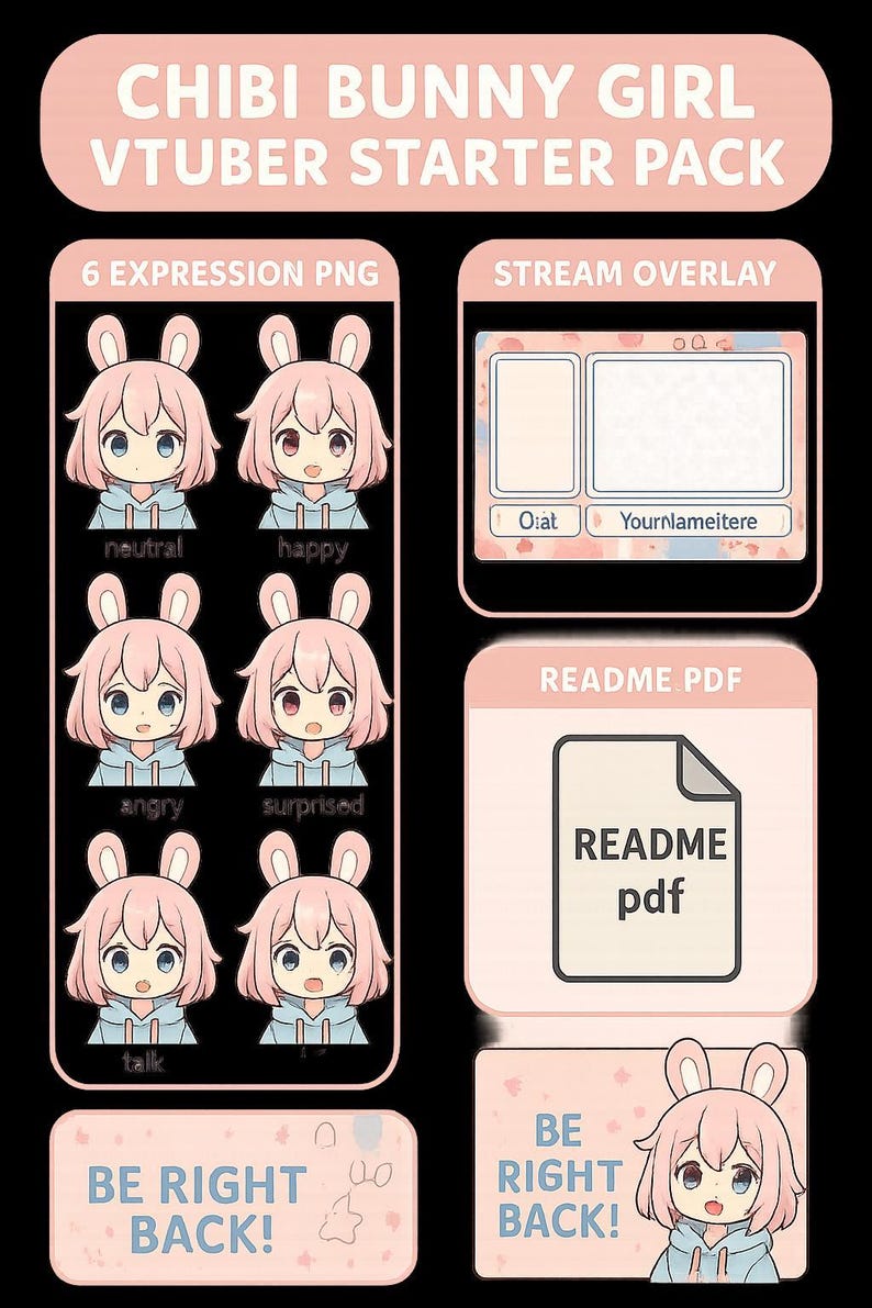 Chibi Bunny Girl Pngtuber Pack | Cute Vtuber Starter Kit With Expressions and Overlay - Etsy