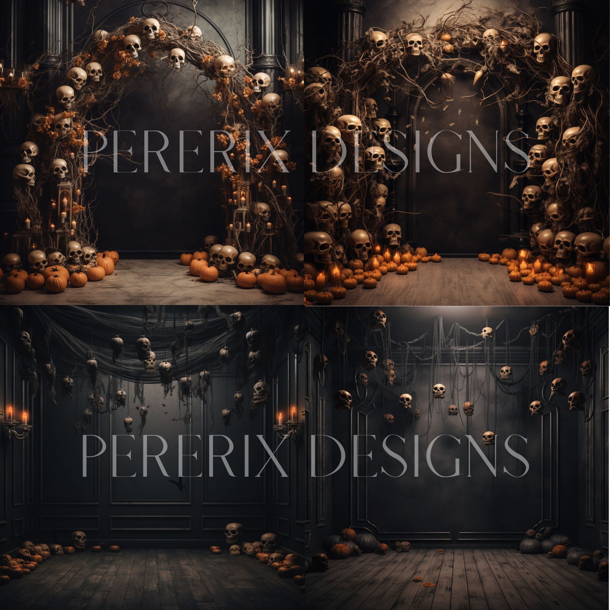 12 Halloween Digital Backdrops, Skeleton Hall, Spooky Digital Backdrop ...