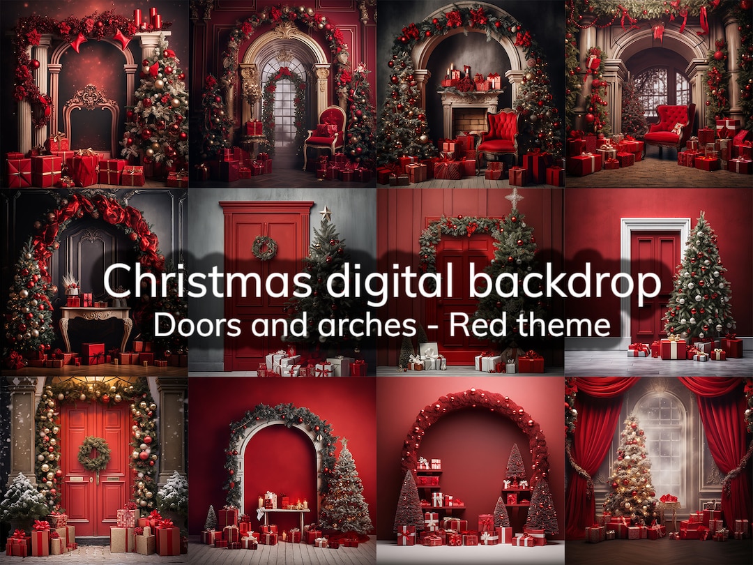 12 Digital Christmas Backdrop With Red Theme, Arches and Doors ...