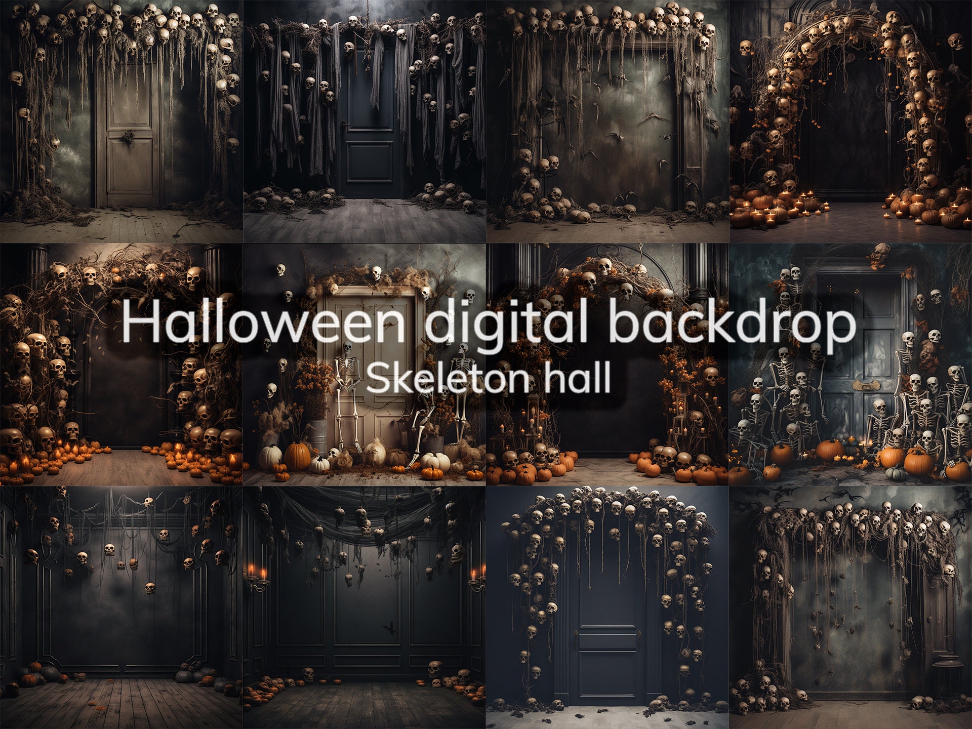 12 Halloween Digital Backdrops, Skeleton Hall, Spooky Digital Backdrop ...