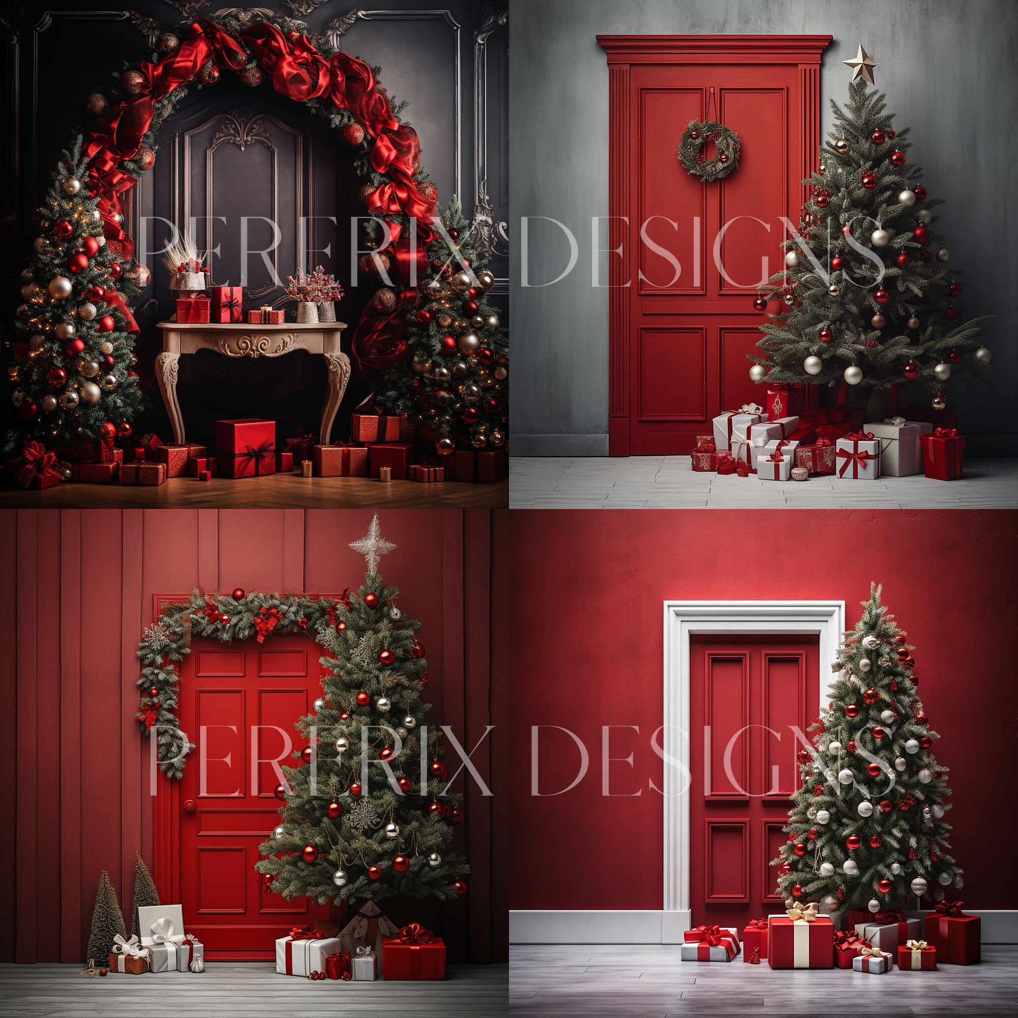 12 Digital Christmas Backdrop With Red Theme, Arches and Doors ...
