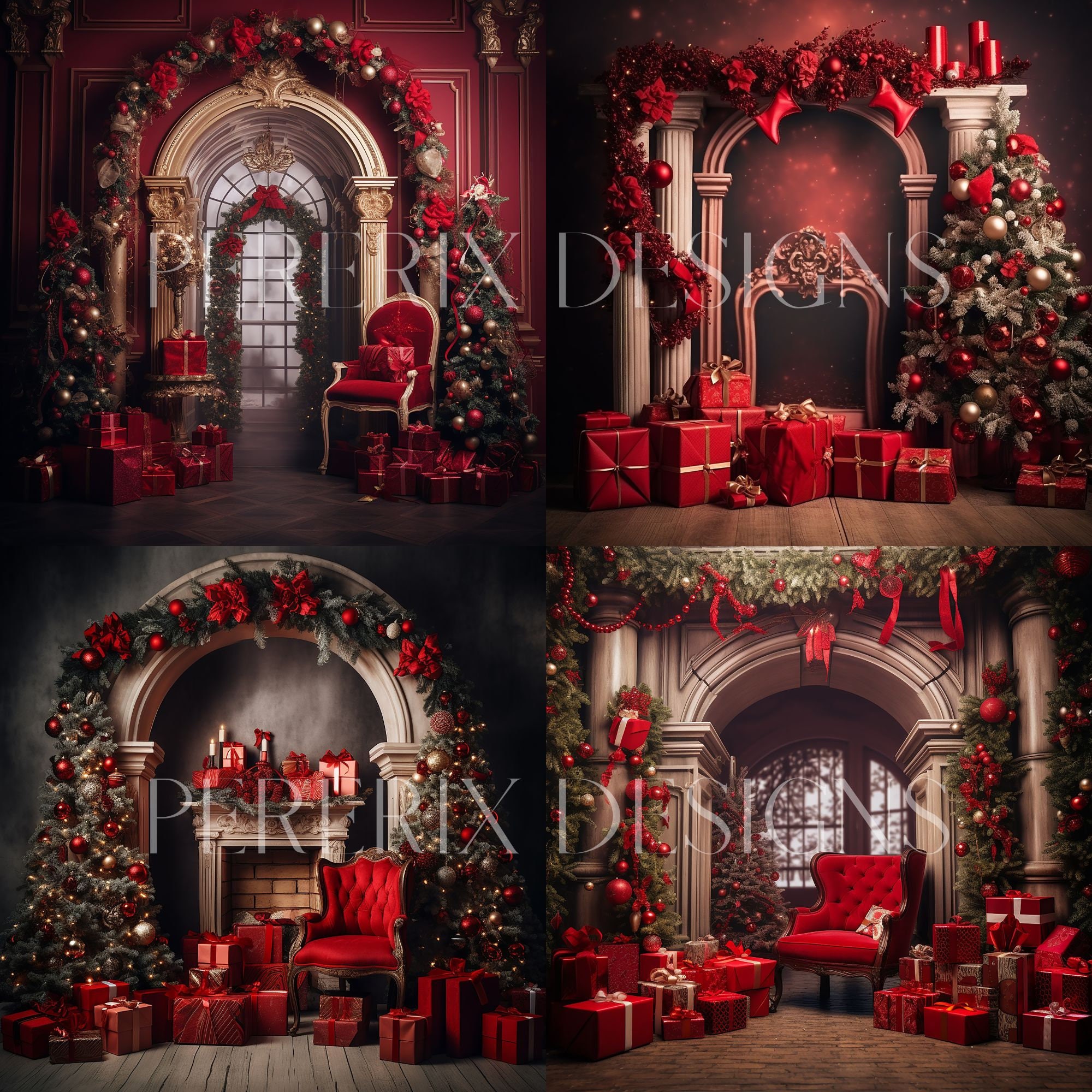 12 Digital Christmas Backdrop With Red Theme, Arches and Doors ...