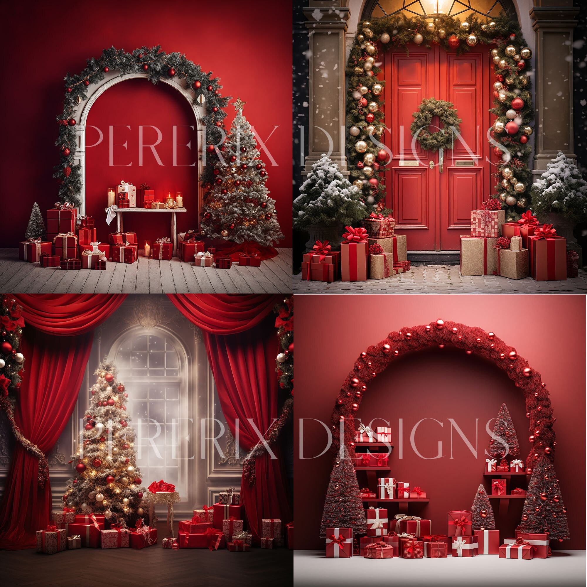 12 Digital Christmas Backdrop With Red Theme, Arches and Doors ...