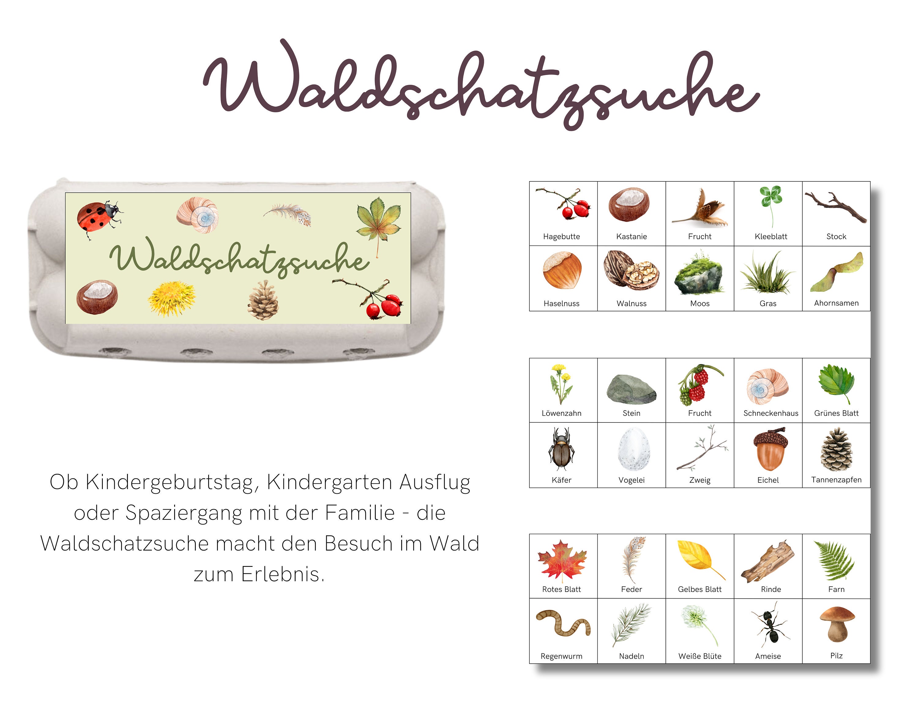 Waldschatzsuche Kinder | Waldbingo | Montessori | Kindergeburtstag ...