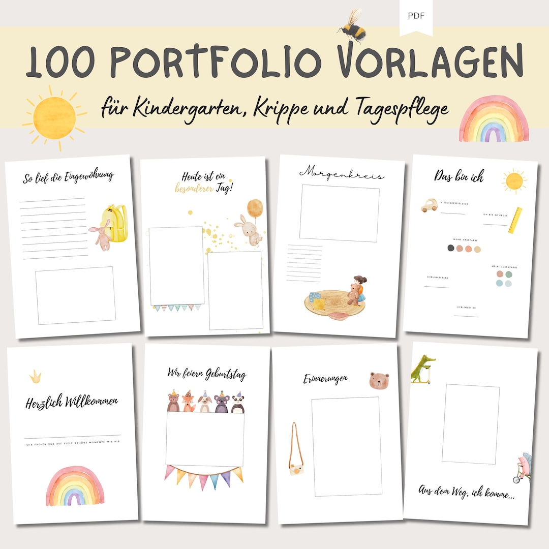 100 PORTFOLIO Vorlagen Kindergarten / Krippe / Kita / Tagesmutter, PDF ...