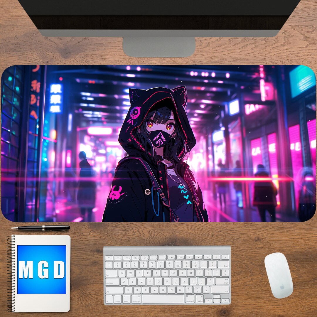Anime Cyberpunk Girl Desk Mat, Pink Desk Pad, Large Anime Mousepad ...