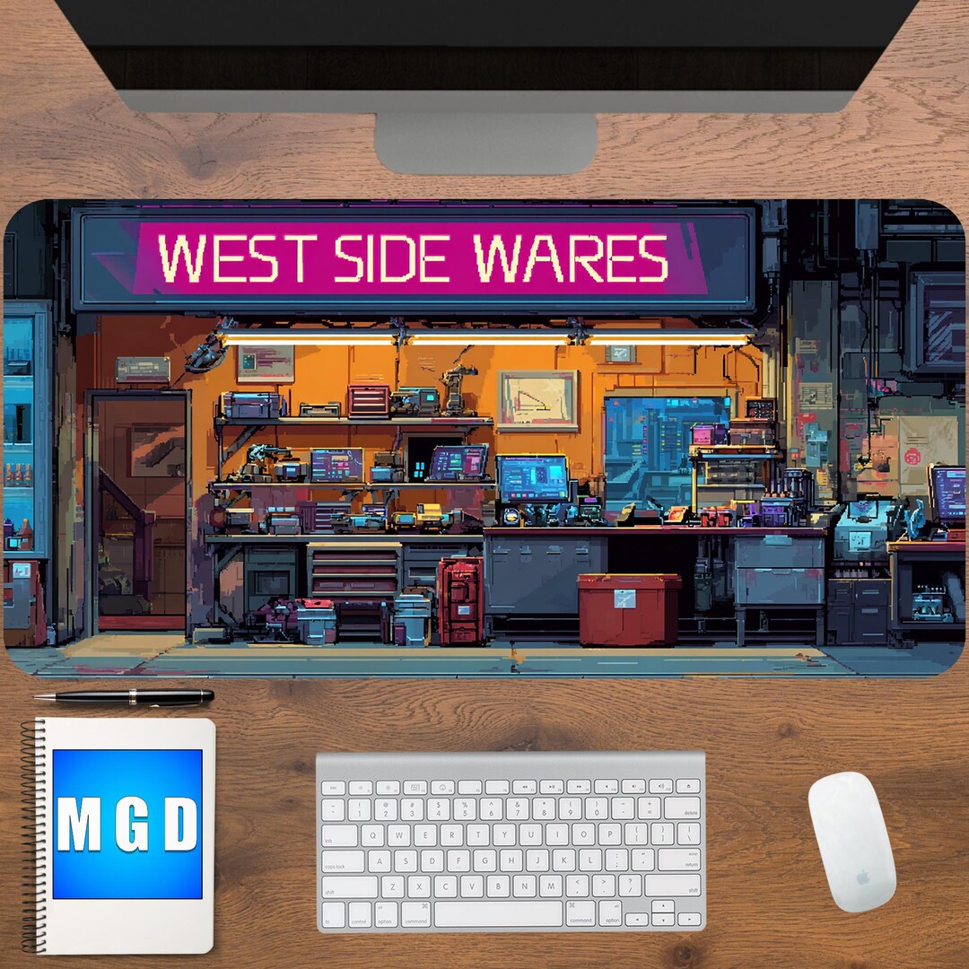 Cyberpunk Shop Desk Mat, Pixel Art Store Mouse Pad, Retro Futuristic ...