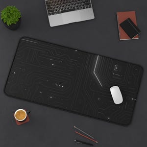 Black Tech Circuit Board Desk Mat, Futuristic Wireframe Desk Pad ...
