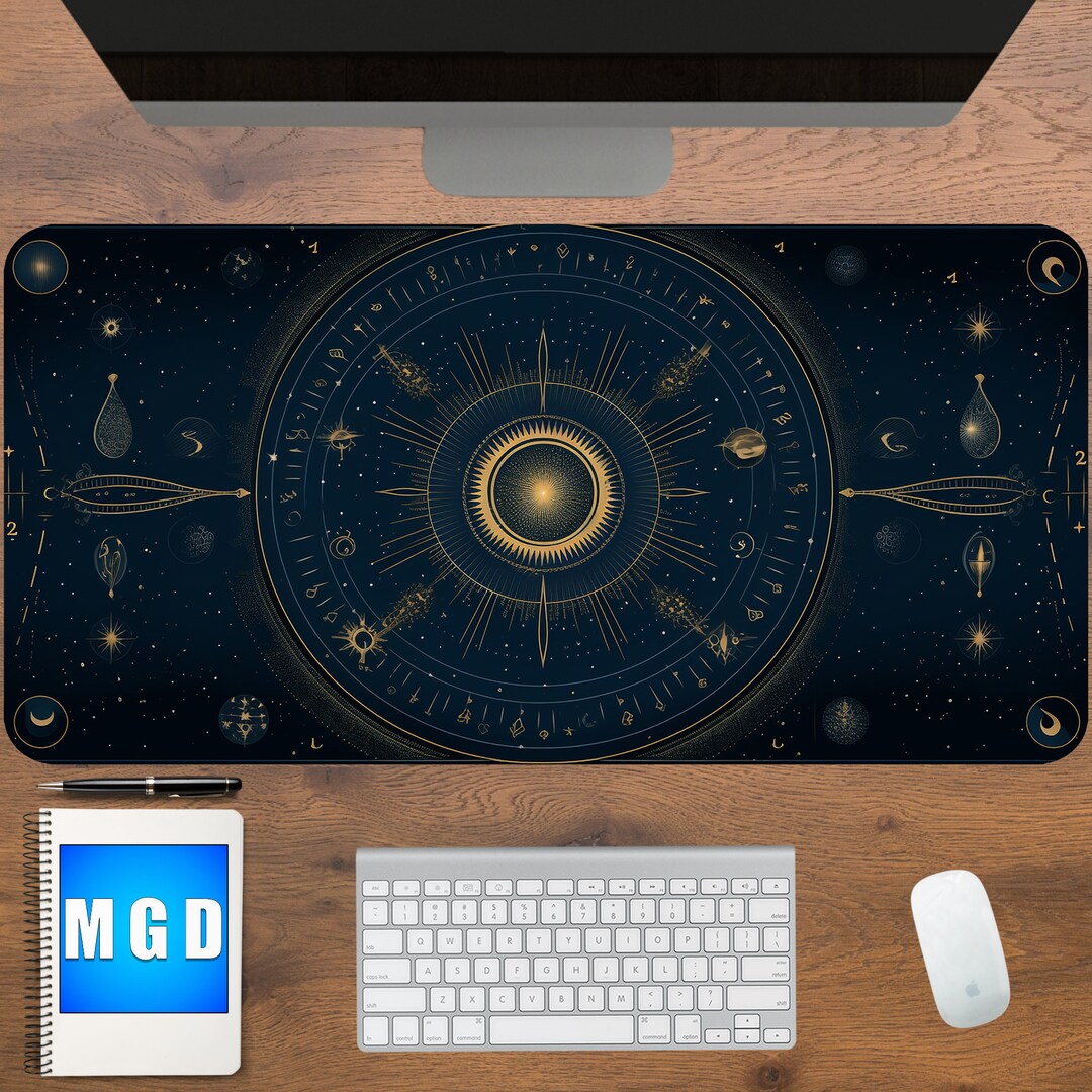 Celestial Desk Mat Black Gold Blue, Night Sky, Large Moon Mousepad ...
