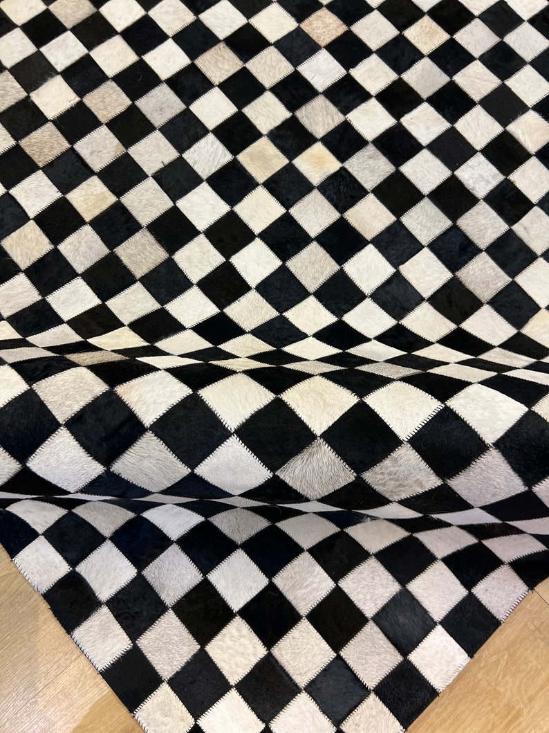 Handmade Cowhide Leather Rug, Black Beige Checkered Pattern (5x8 Ft) - Etsy