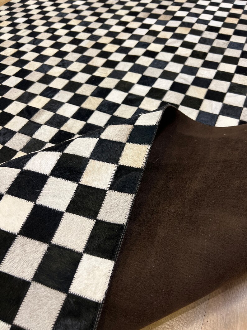 Handmade Cowhide Leather Rug, Black Beige Checkered Pattern (5x8 Ft) - Etsy
