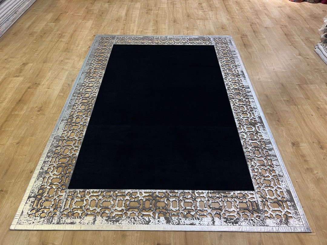 Handmade Black Suede Leather Rug, Silver Laser Cut Design, 5x8 Ft - Etsy