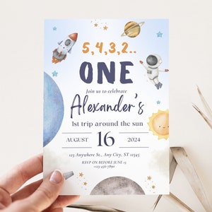First Trip Around the Sun Birthday Invitation Template Editable Outer Space Theme 1st Birthday ...