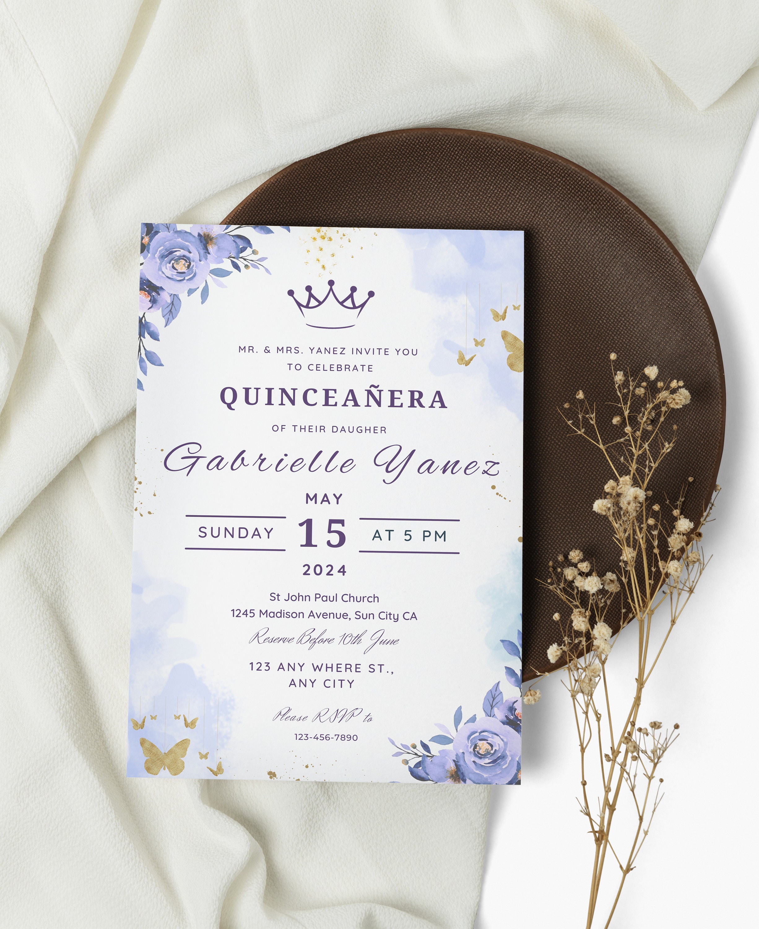 Quinceanera Invitation Editable Template Purple Lilac Silver Floral Mis ...