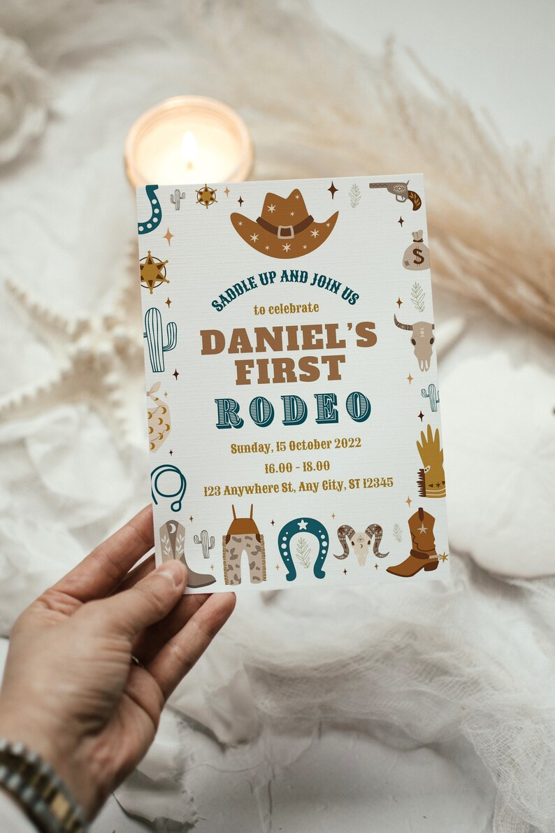 My First Rodeo Birthday Invitation Cowboy Editable Invite Wild West ...