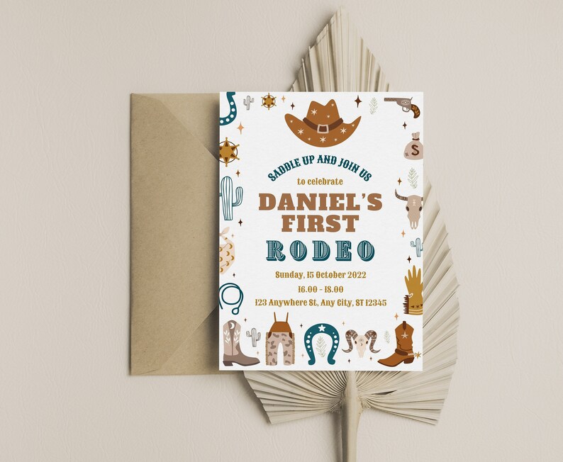 My First Rodeo Birthday Invitation Cowboy Editable Invite Wild West ...