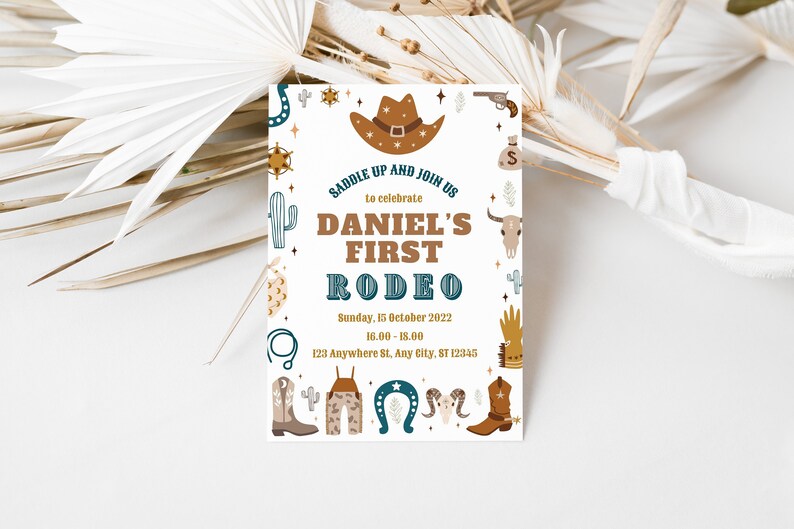 My First Rodeo Birthday Invitation Cowboy Editable Invite Wild West ...