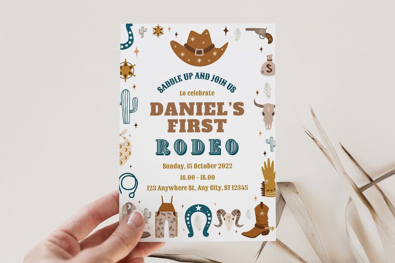 My First Rodeo Birthday Invitation Cowboy Editable Invite Wild West ...