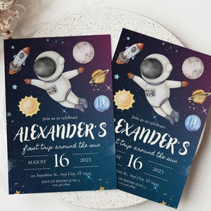 First Trip Around the Sun Birthday Invitation Template Editable Outer Space Theme 1st Birthday ...