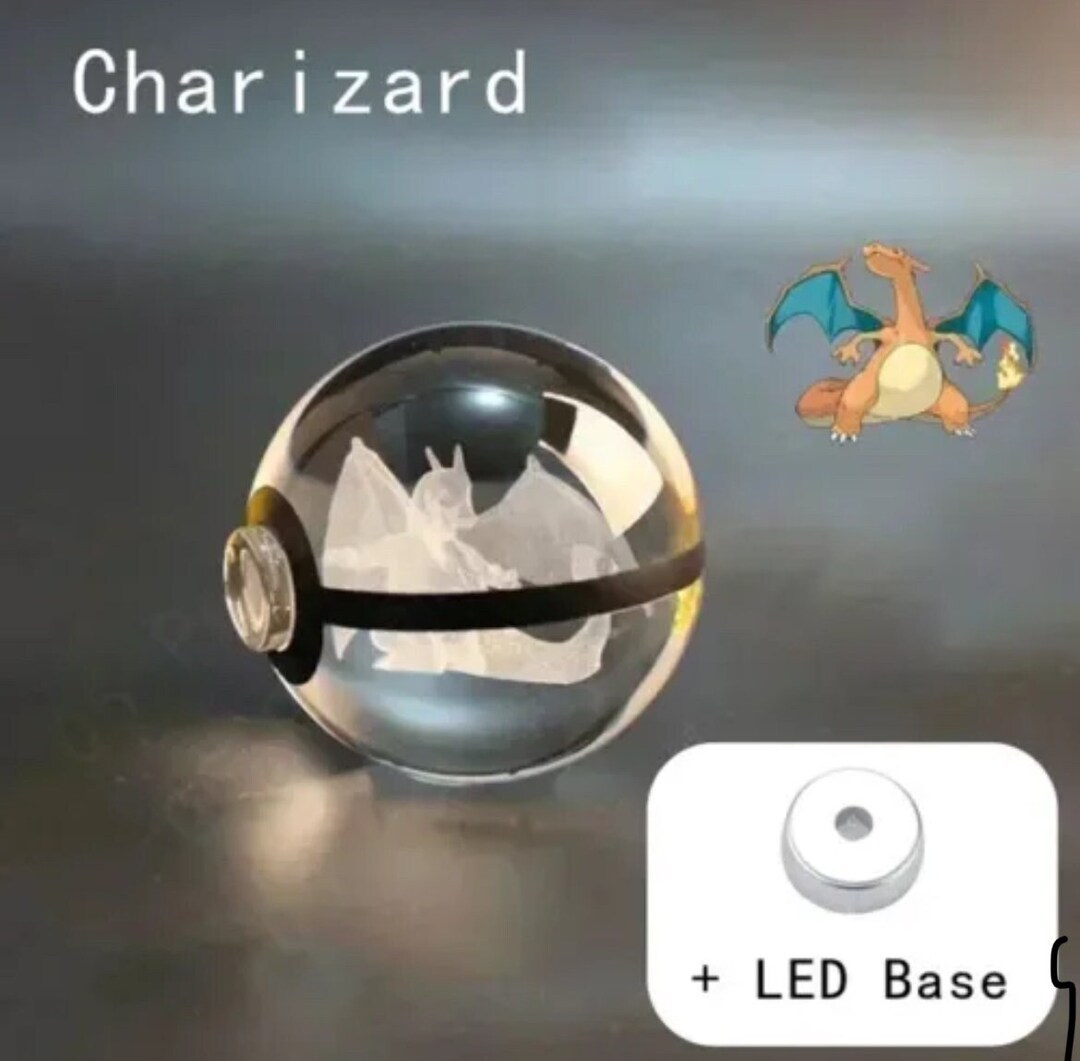 3D Engraved Charizard Crystal Ball LED Base Figure Pokeball Engraving ...