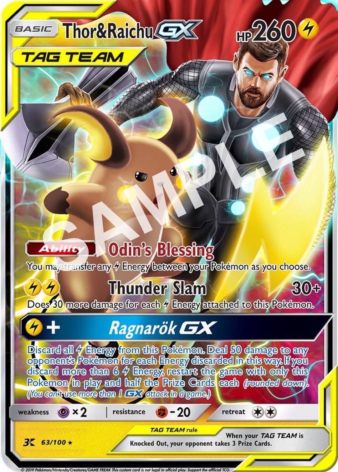 Thor & Raichu GX Tag Team Trio Custom Made Pokemon X Marvel Card One ...