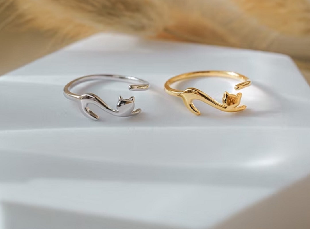 Tiny Lazy Kitten Ring Sterling Silver Animal Ring Dainty - Etsy