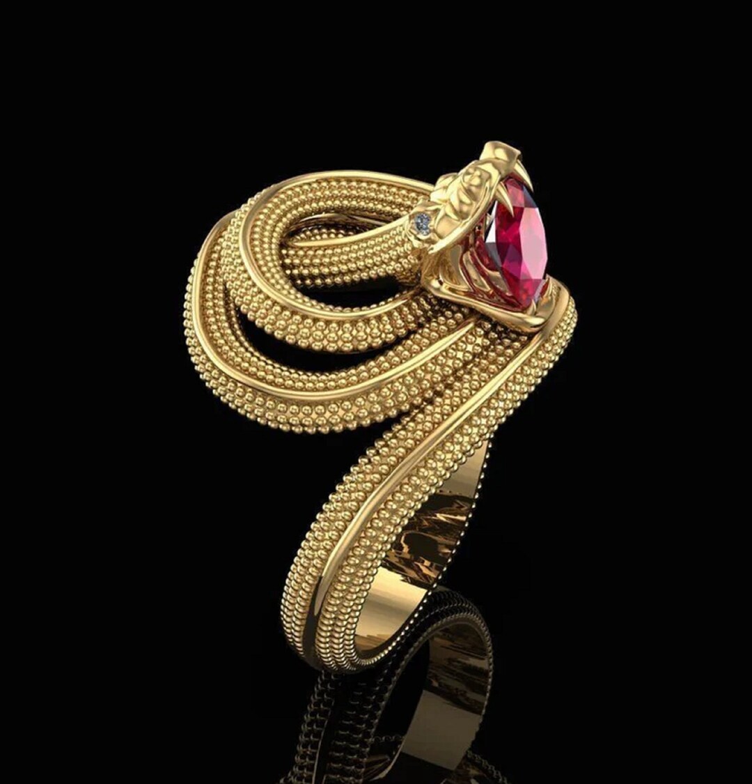 14kt Gold Over Snake Ring Snake Ruby in Teeth Ring Ruby Diamond Ring ...