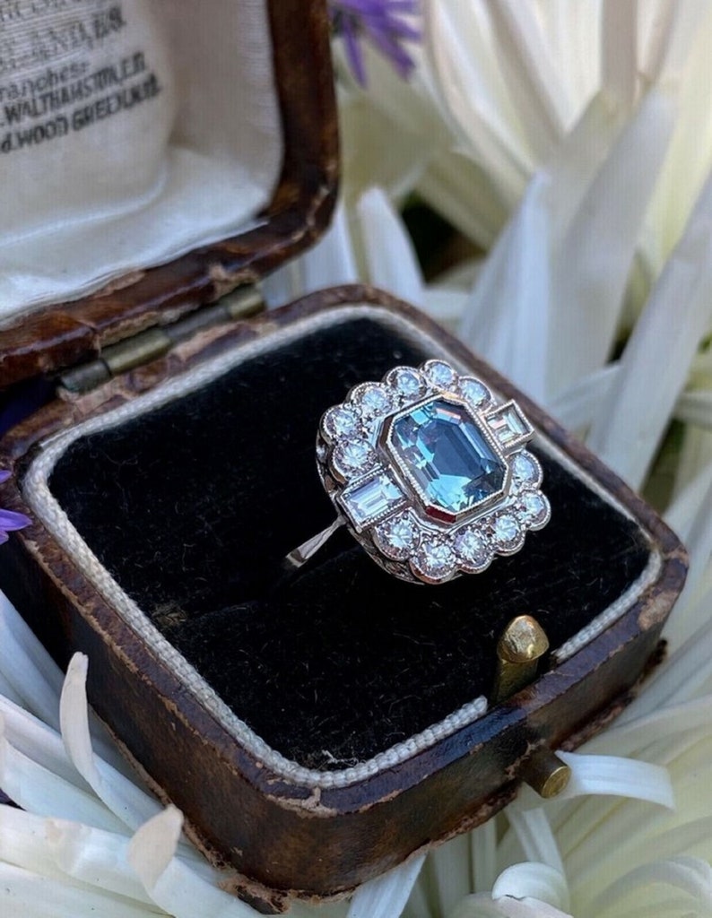 1880s Vintage 2.50ct Emerald Cut Aquamarine Art Deco Engagement Ring in 935 Argentium Silver ...