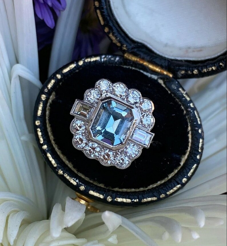 1880s Vintage 2.50ct Emerald Cut Aquamarine Art Deco Engagement Ring in 935 Argentium Silver ...