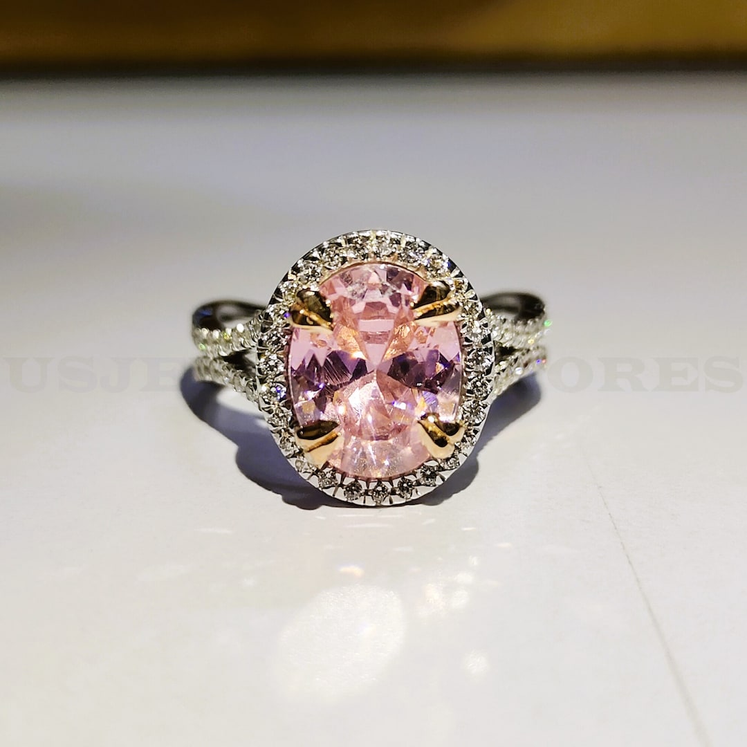 Baby Pink Oval Cut Diamond Ring, 925 Sterling Silver Ring, Halo ...