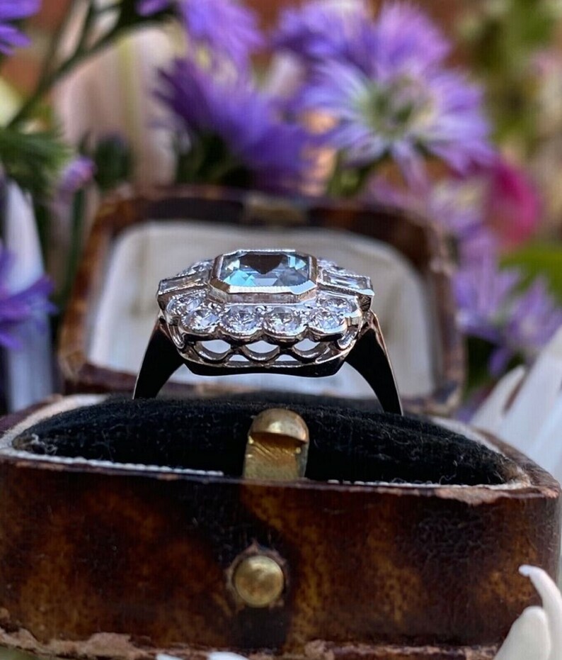 1880s Vintage 2.50ct Emerald Cut Aquamarine Art Deco Engagement Ring in 935 Argentium Silver ...