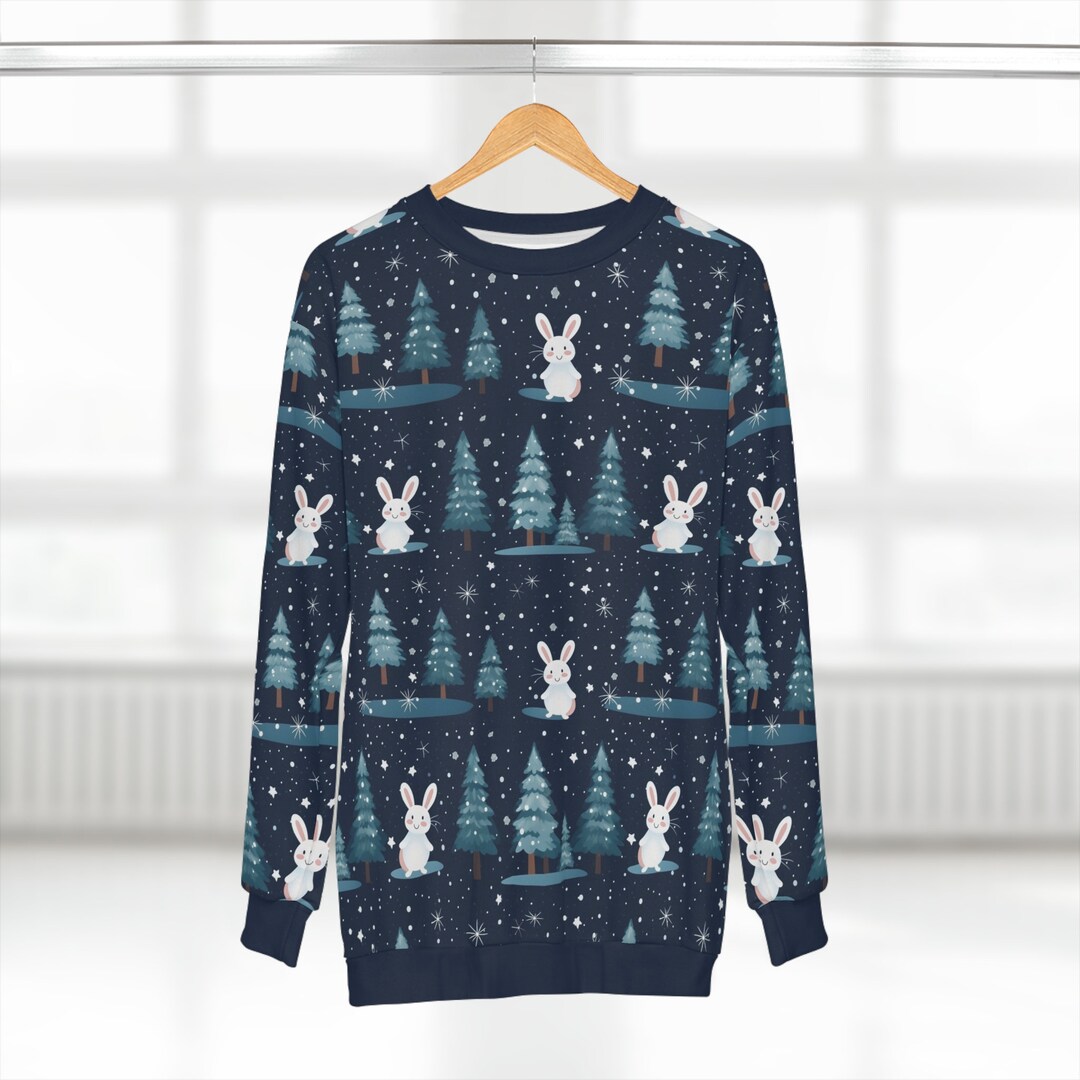 Bunny Rabbits and Trees Christmas Sweatshirt, Outdoor Scene With ...