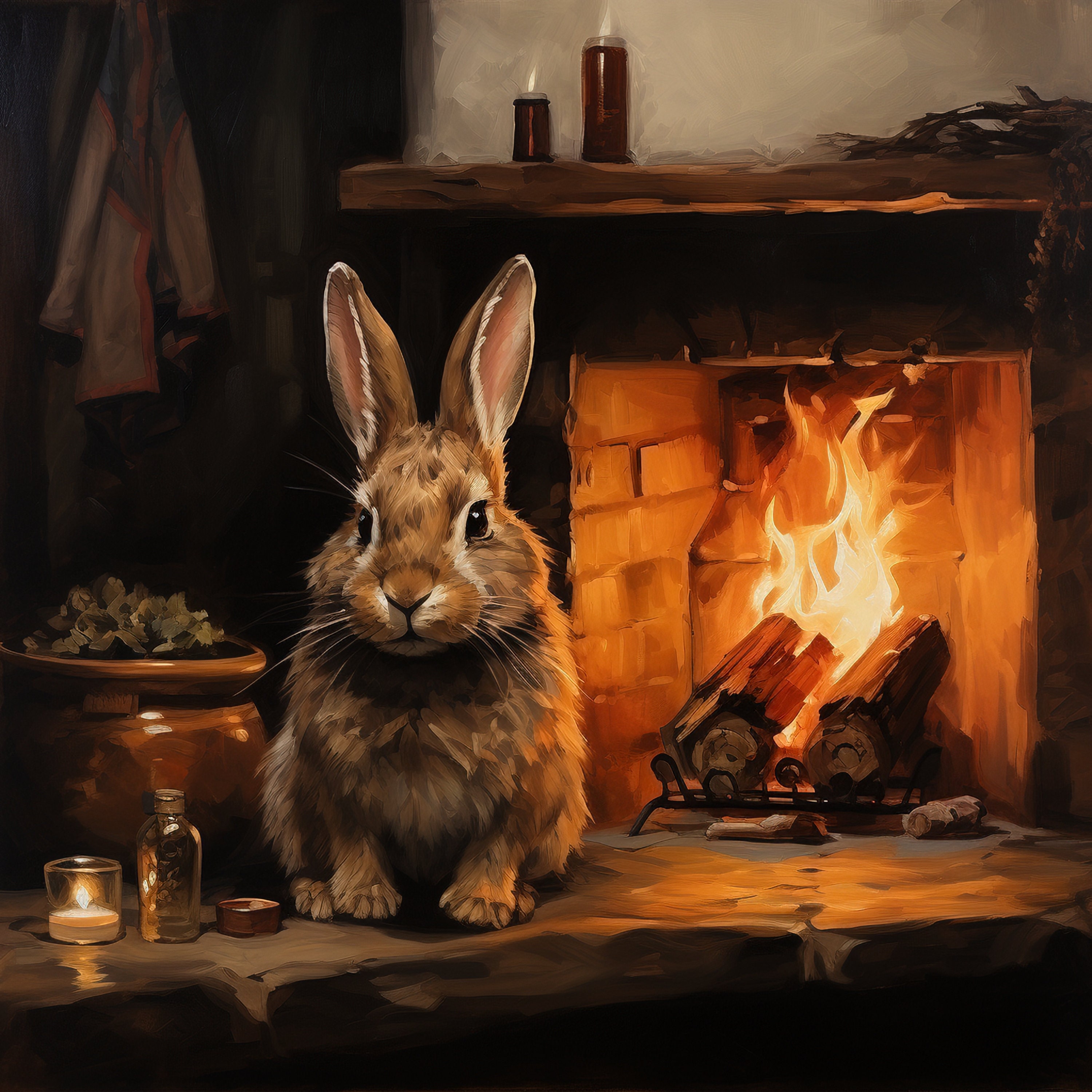 Bunny Rabbit Artwork Warmth of the Fire Digital Download - Etsy