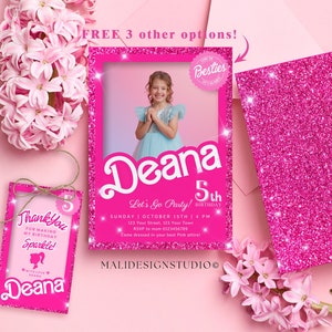 Editable Photo Glitter Pink Doll Box Birthday Invitation, Printable Hot ...