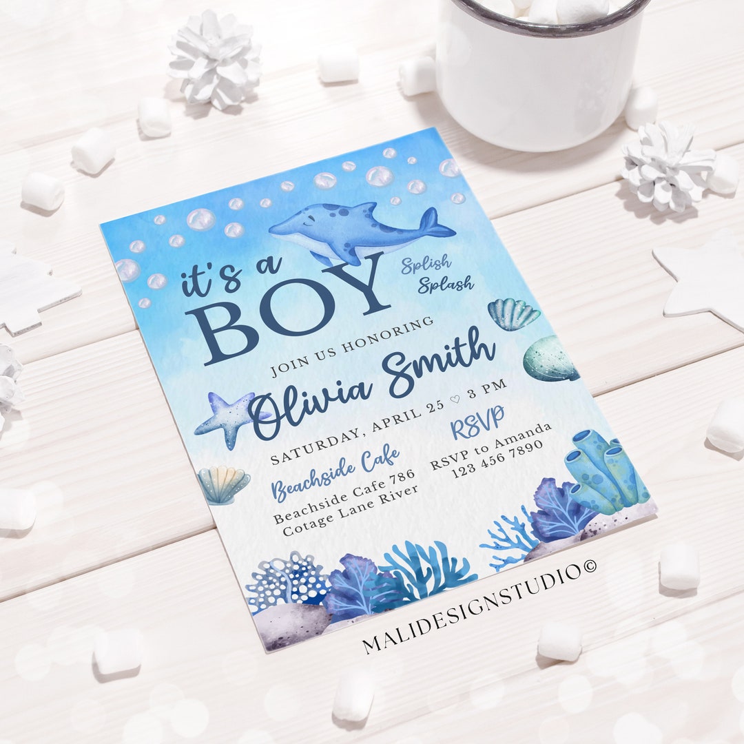 Oceanic Dolphin Whale Boy Baby Shower Invitation Editable and - Etsy