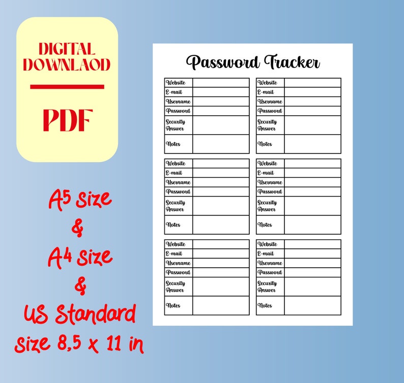 Printable Password Tracker PDF A5, A4 and US Standard Sizes - Etsy