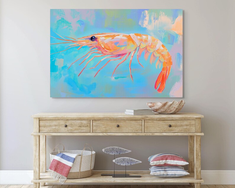 Beachy Shrimp Painting- Colorful Coastal Watercolor for Beach House ...
