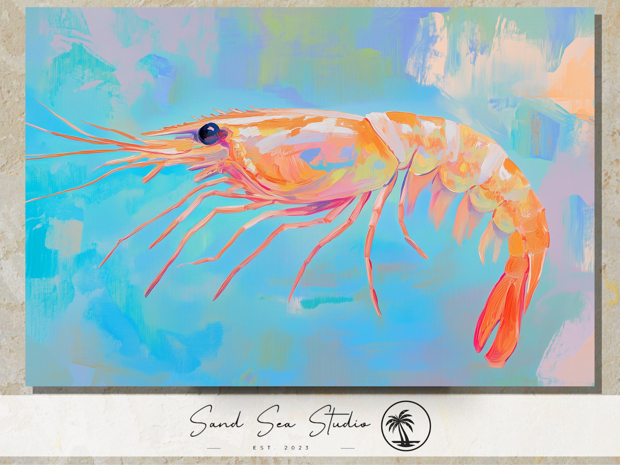 Beachy Shrimp Painting- Colorful Coastal Watercolor for Beach House ...