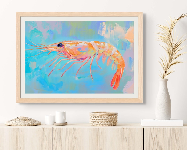 Beachy Shrimp Painting- Colorful Coastal Watercolor for Beach House ...